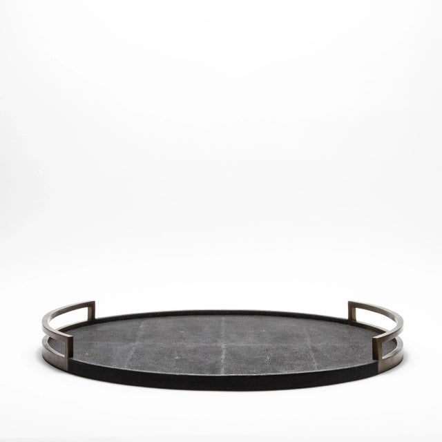 Extra Large Round Tray in Black Shagreen With Bronze Patina Brass by R ...