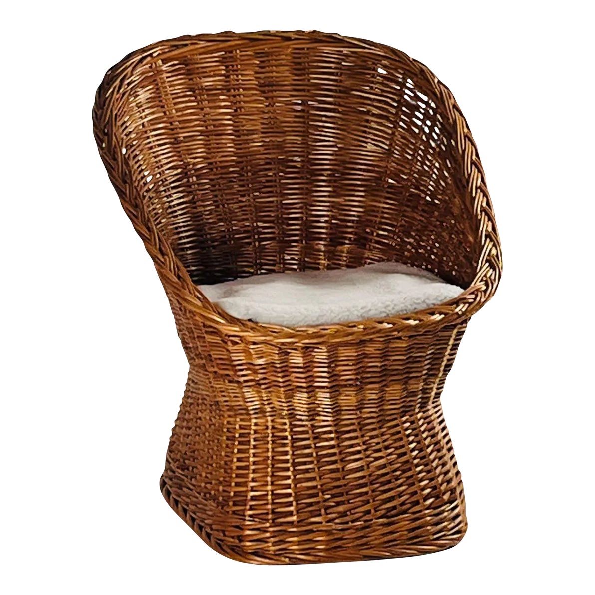 1960s Woven Rattan Wicker Barrel Chair With Shearling Pad | Chairish