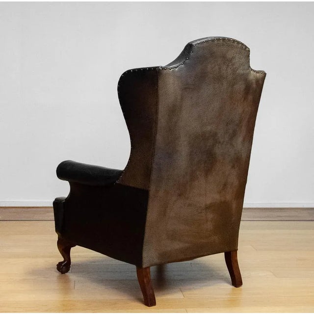 19th Century Black Leather Chippendale Wingback Chair with Claw and ...