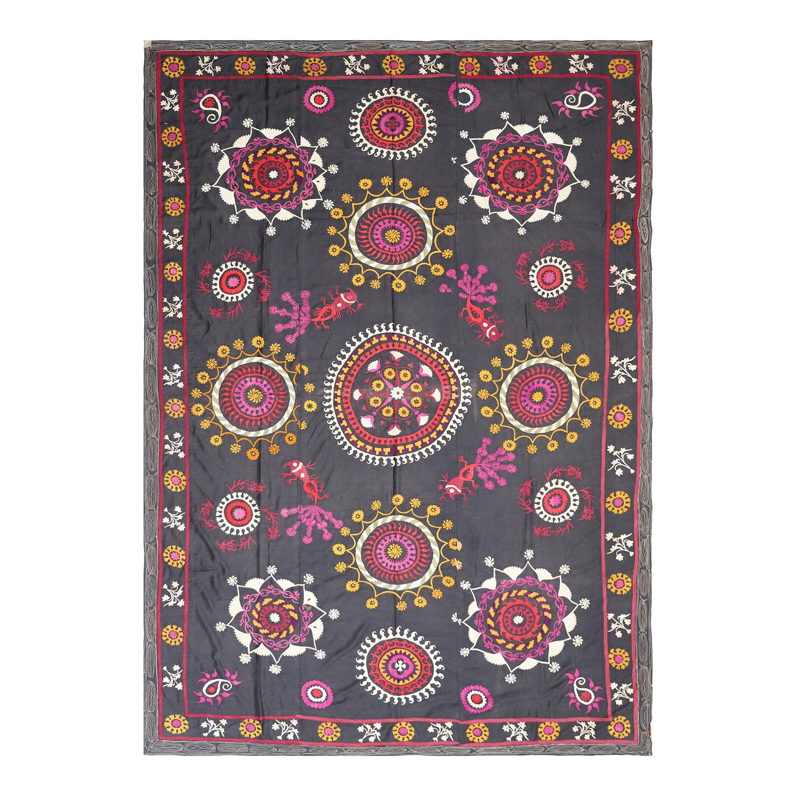 Vintage Black Hand-Embroidered Uzbek Suzani Tapestry Textile | Chairish