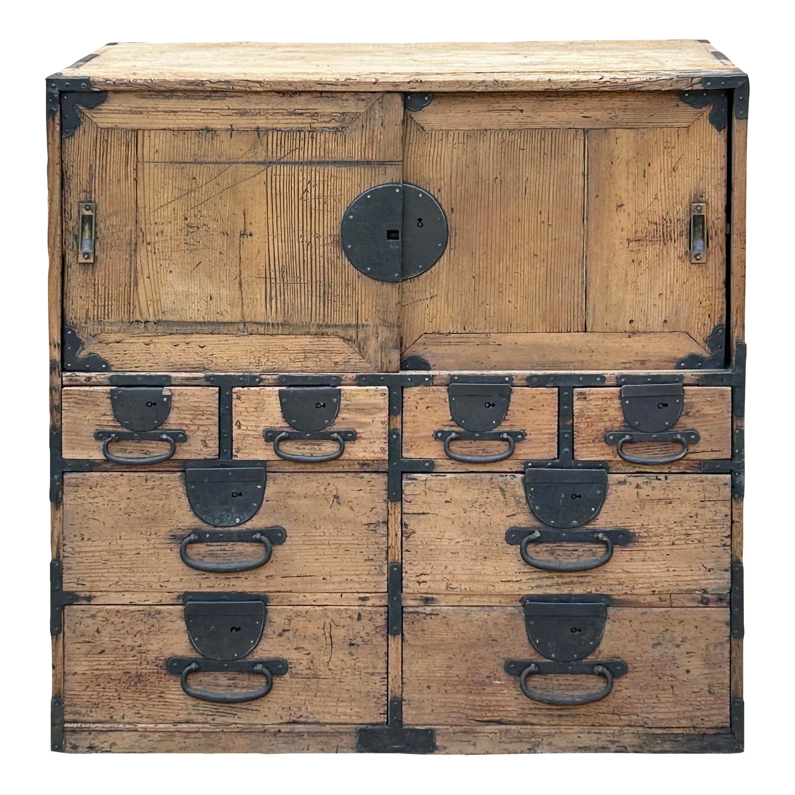 Vintage Distressed Natural Wood Black Hardware Accent Tansu Chest ...