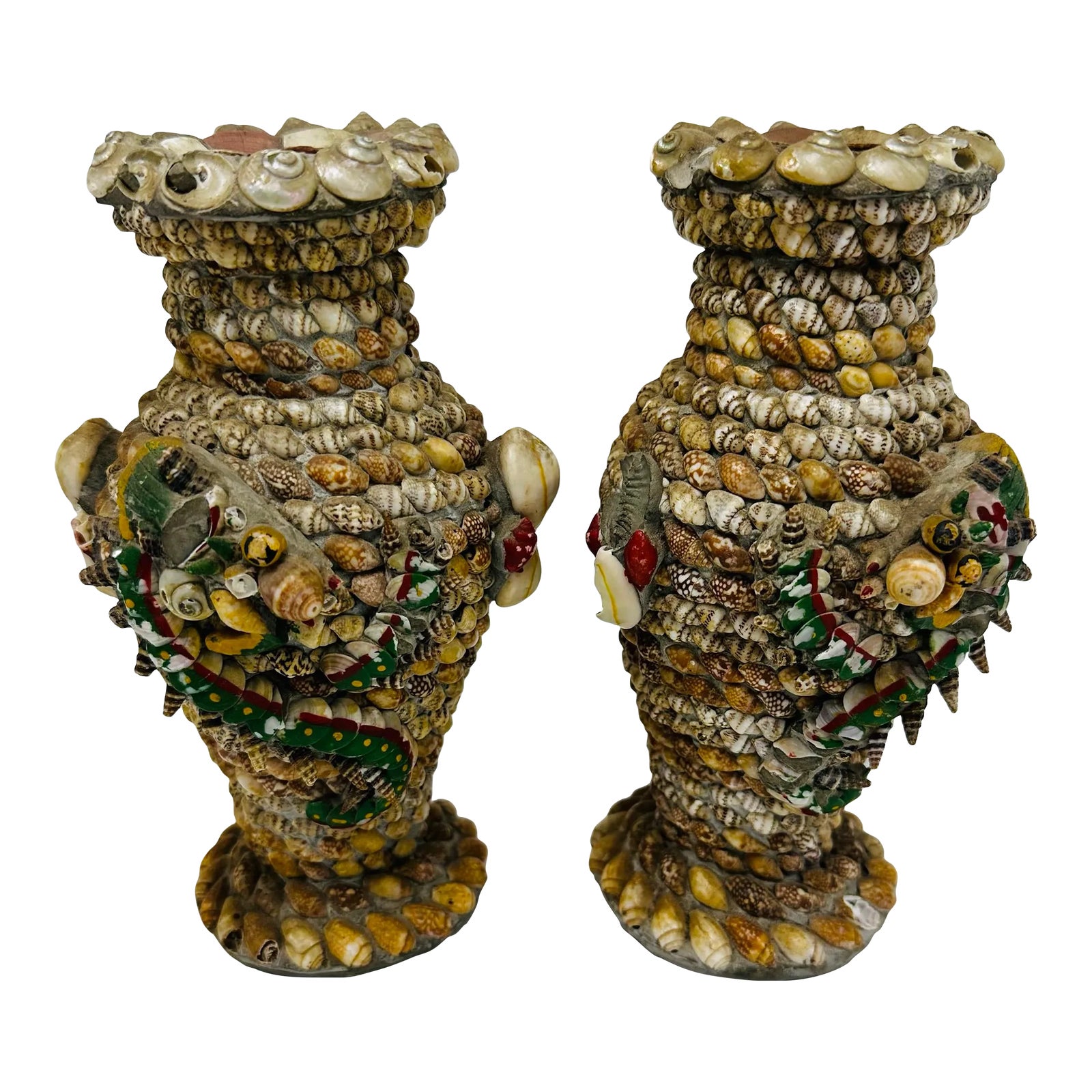 Vintage Coastal Folk Art Shell Vases, a Pair | Chairish