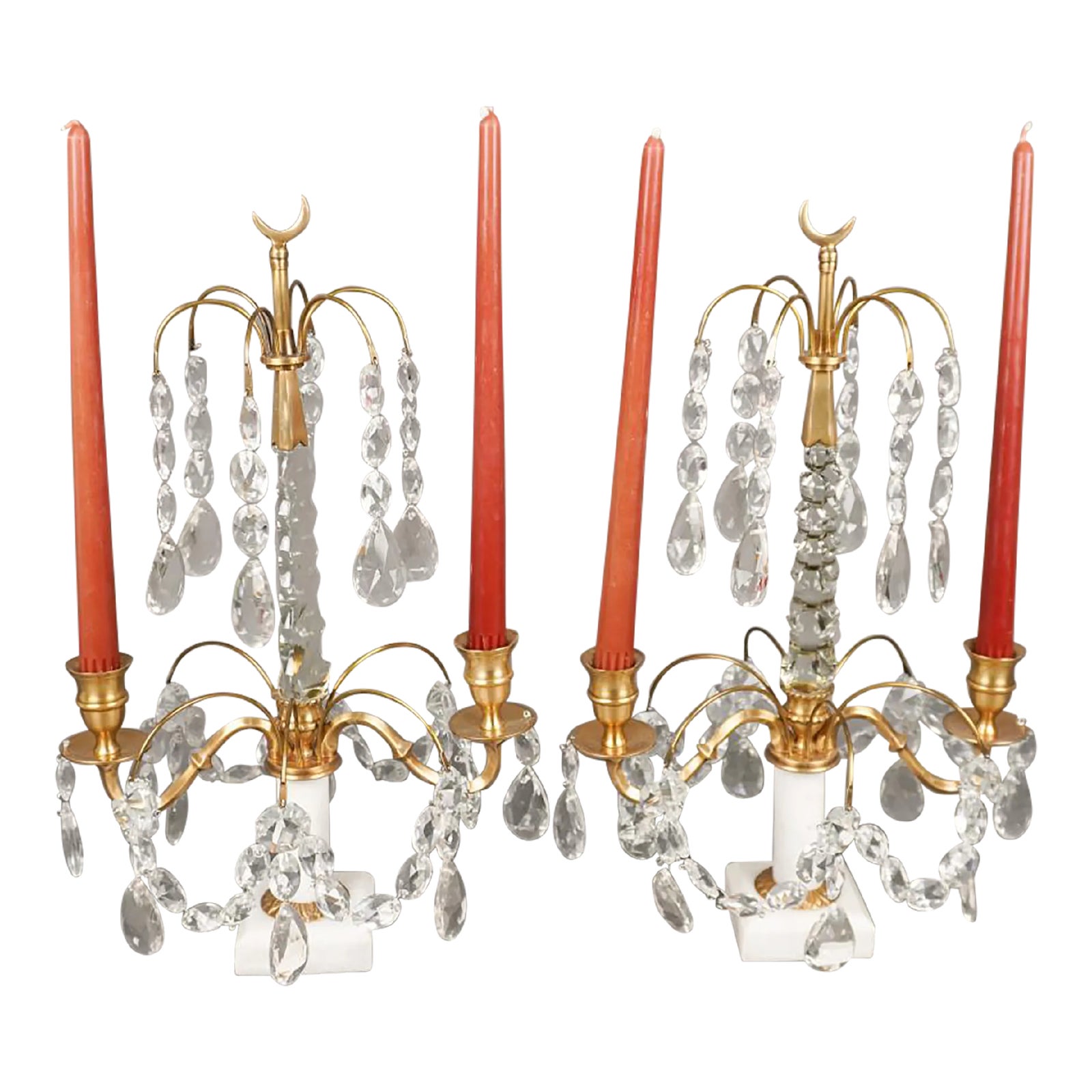 Pair of Crystal and Brass Two Light Candle Table Sconces on Marble ...