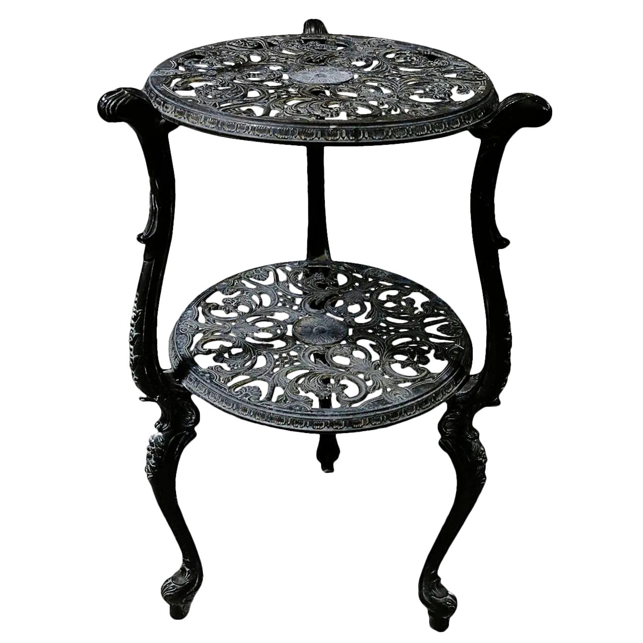 Late 20th Century Traditional Round Black Two Tiered Iron Table | Chairish