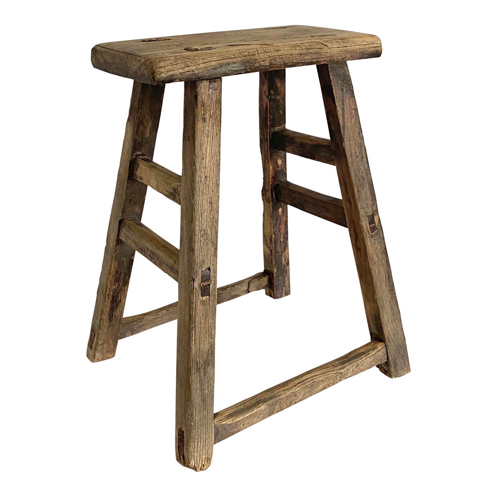 Rustic Elm Wood Farmhouse Stool | Chairish