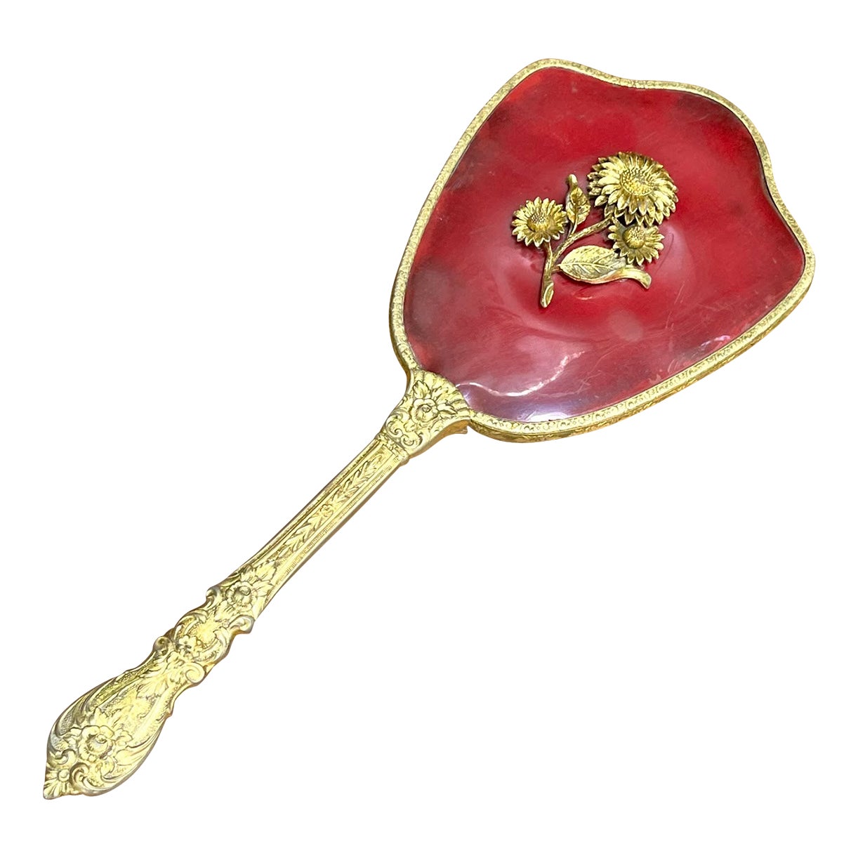 Brass Flower/Red Hand Mirror | Chairish