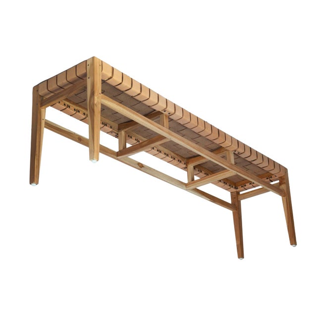 Vintage Leather Weave Bench in Natural Leather | Chairish