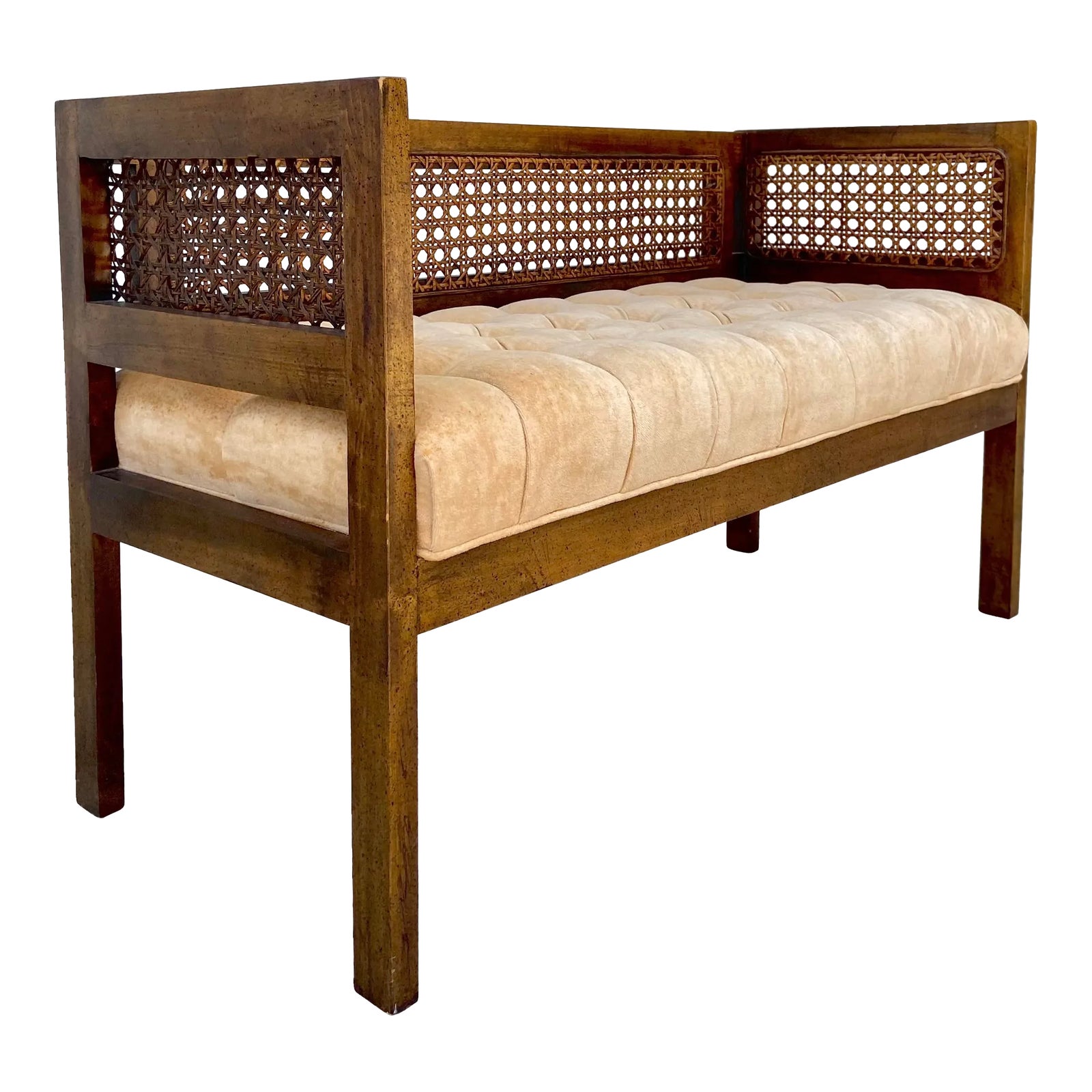 Mid Century Cane Bench or Settee With Upholstered + Tufted Velour ...