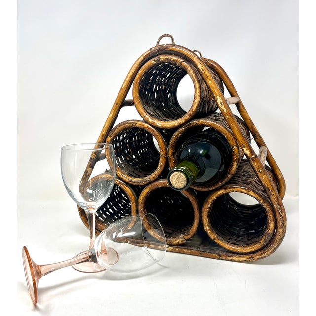 Vintage Mid-Century Boho 6 Bottle Rattan Wine Rack | Chairish