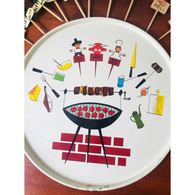 Mid Century Modern Kitschy Lithograph Metal Bbq Platter and Wood Meat ...