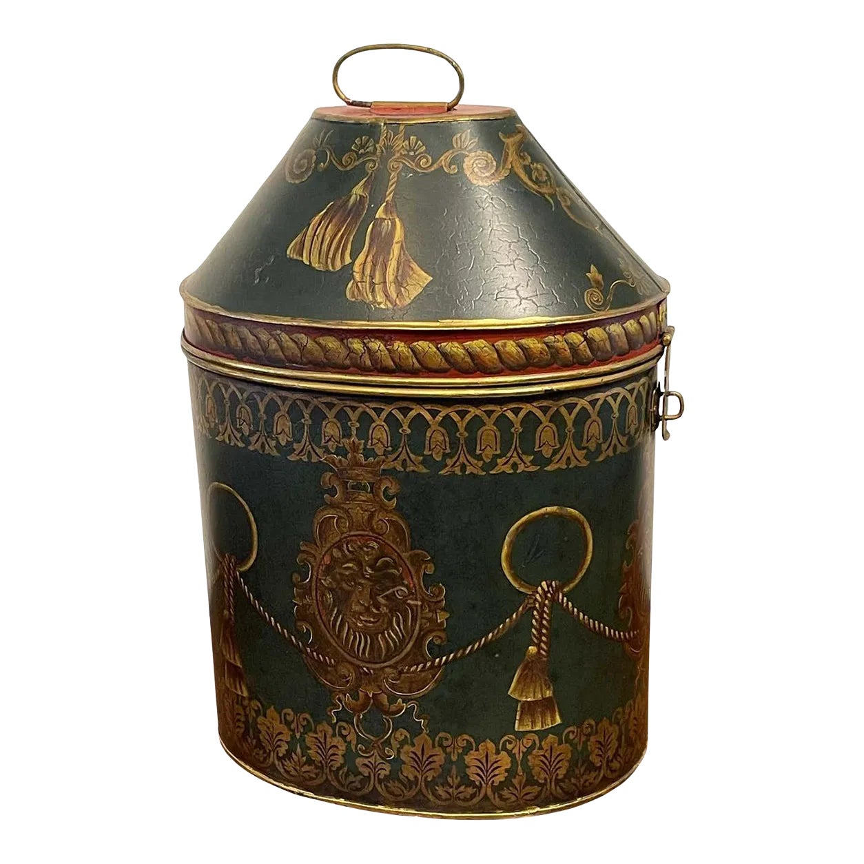Antique English Regency Style Lion Motif Oval Tole Box | Chairish