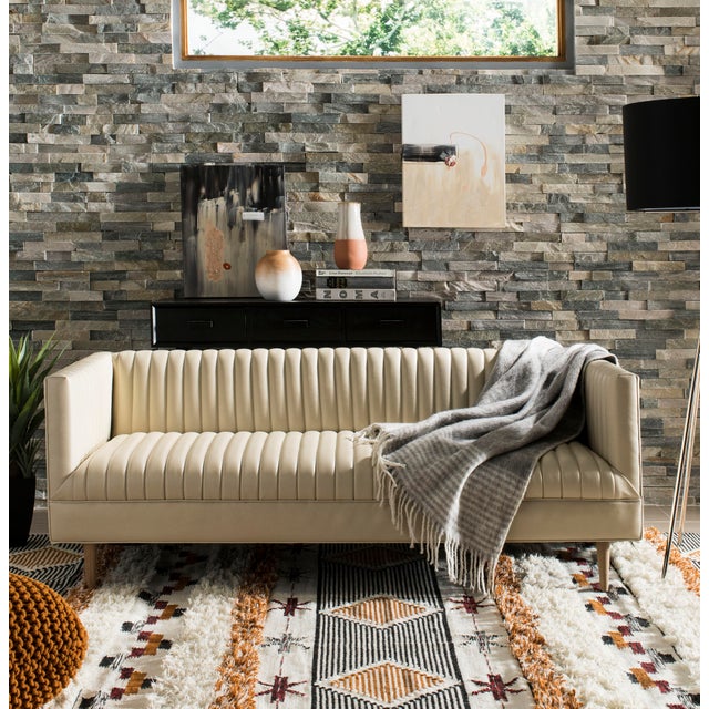 Channeled Leather Sofa in Light Beige | Chairish