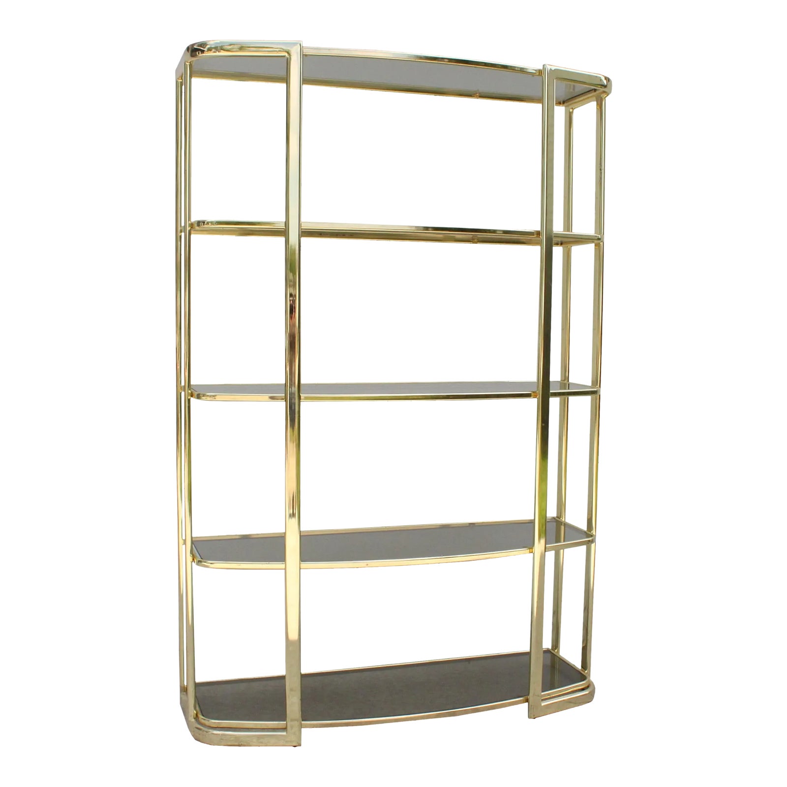 Vintage 1970s Hollywood Regency Brass Etagere Bookcase With Smoked