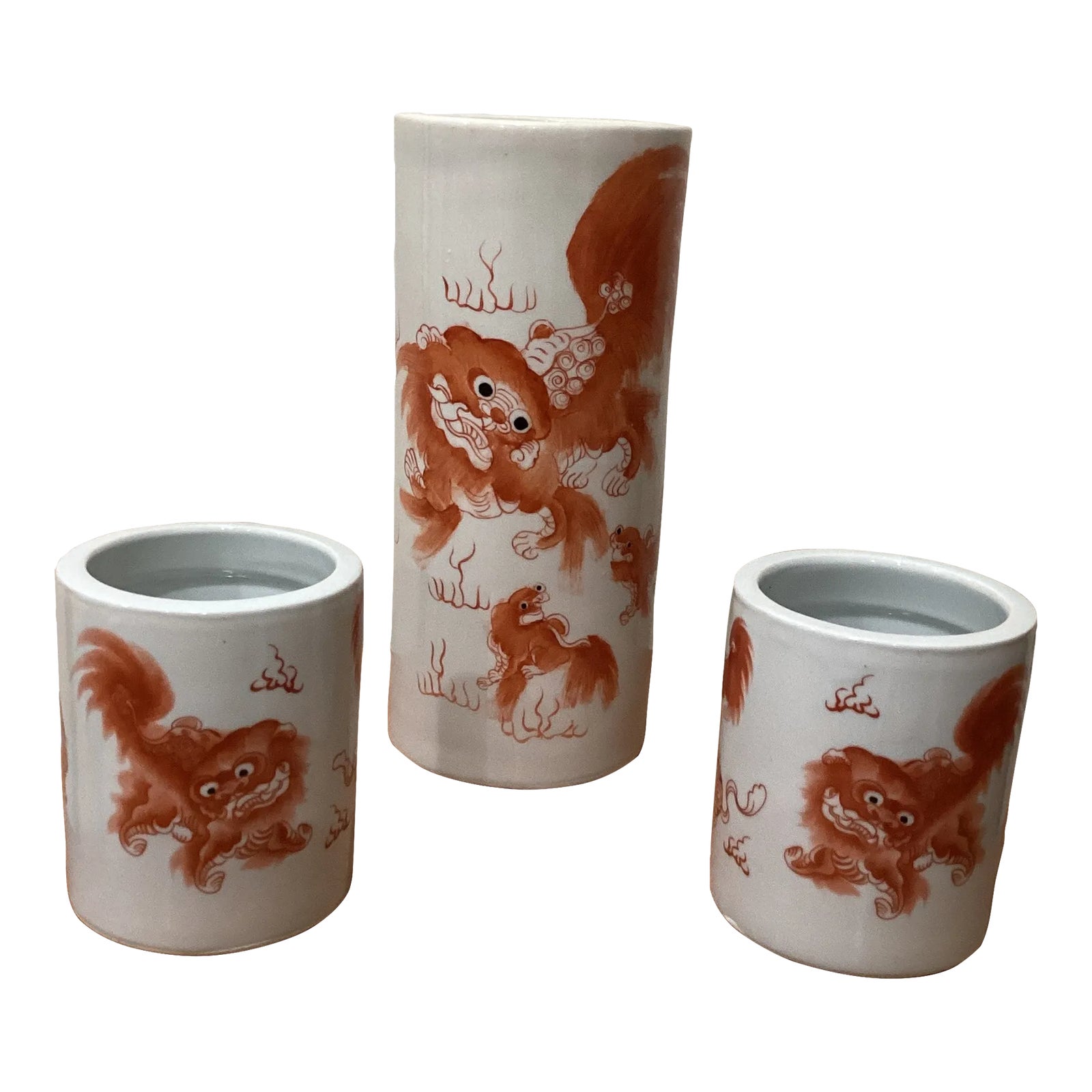 Vintage Trio Chinoiseries Ceramic Vases White Base Orange Foo Dog ...