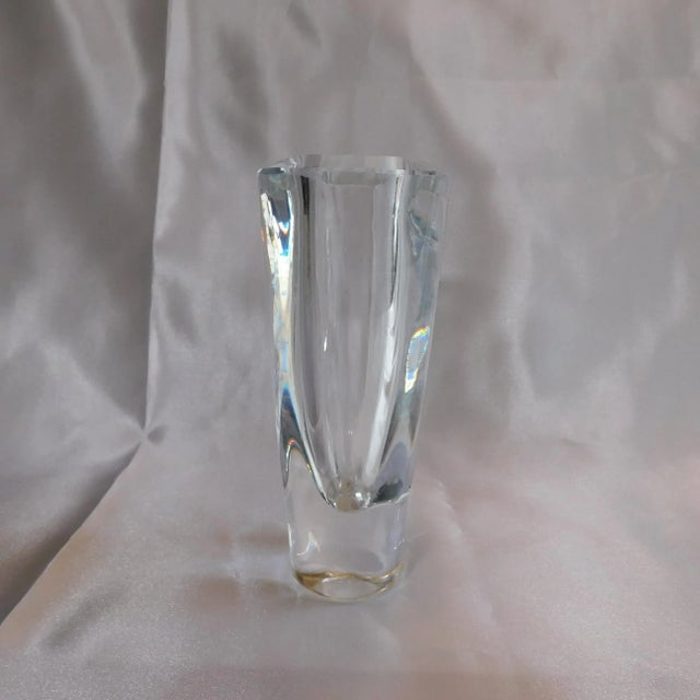 1970s Orrefors Signed Thick Crystal Vase With Etched Flower | Chairish