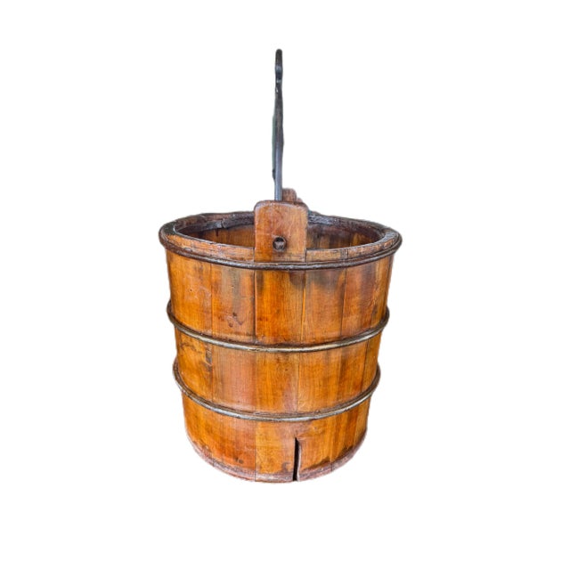Antique Primitive Wooden Bucket With Wrought Iron Bands | Chairish