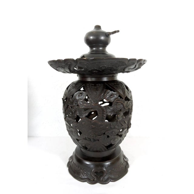 Old Japanese Bronze Reticulated Censer / Candle Lamp With Dragons and ...