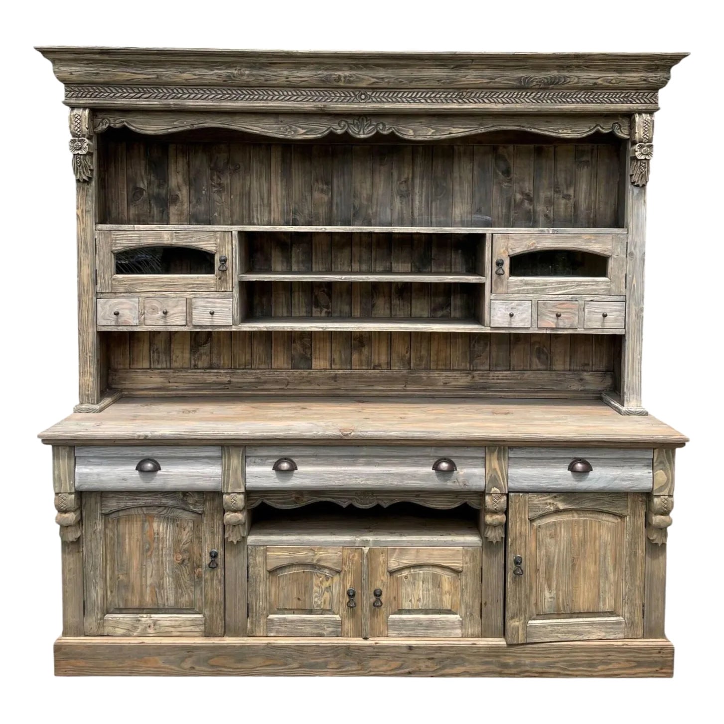 Large Farmhouse Mahogany Kitchen Hutch – 2 Pc Open China Cabinet | Chairish