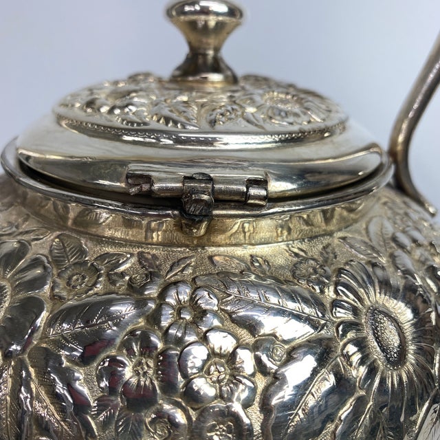 Antique Adelphi Silver Plate Repousse Tea Kettle on Stand | Chairish