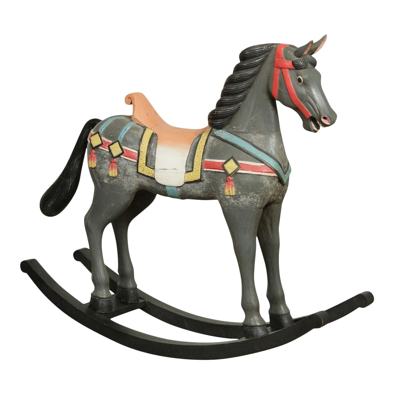 Vintage Carved Wood Hand Painted Large Rocking Horse | Chairish