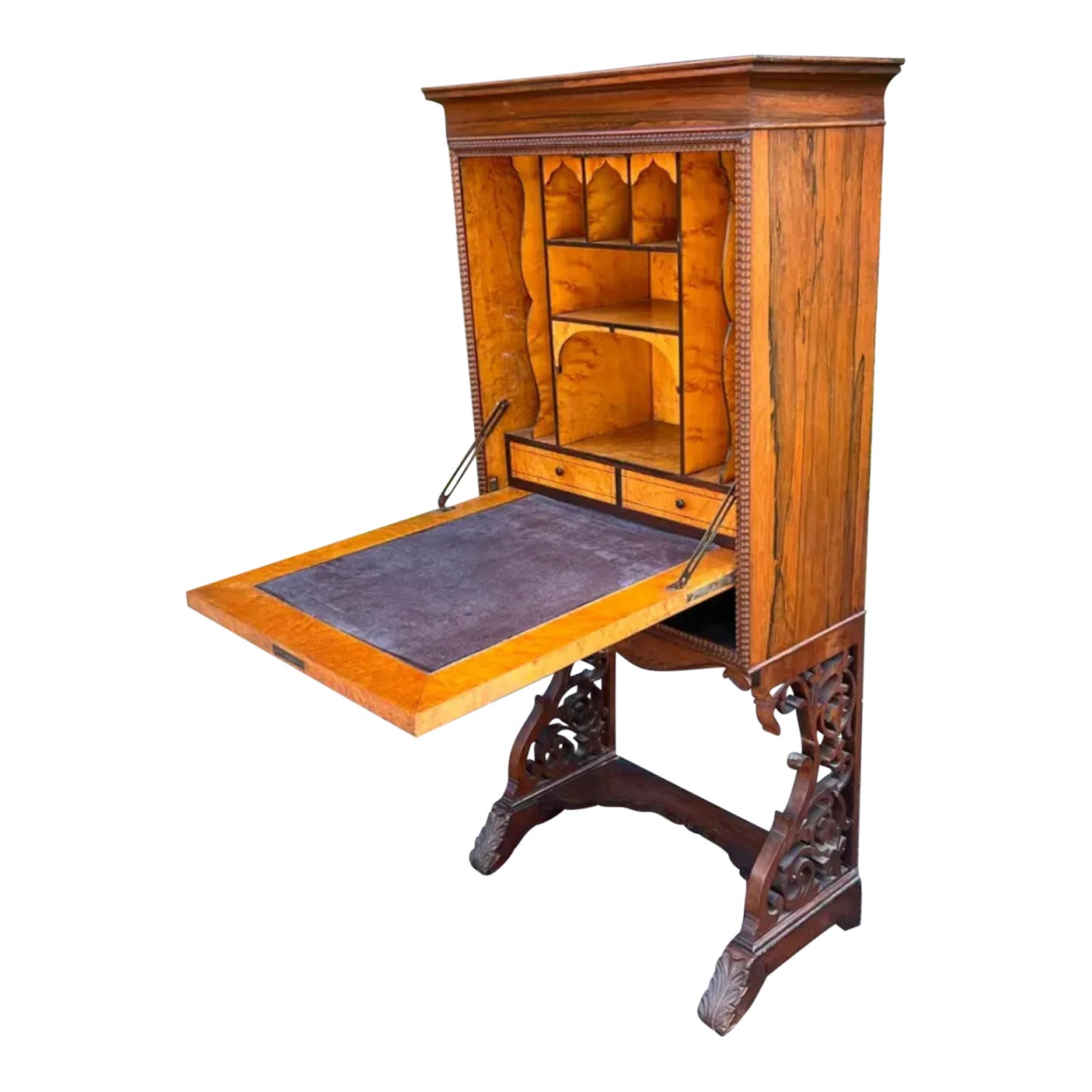 Antique Upright Rosewood Mirrored Secretary W Birds Eye Maple Interior ...