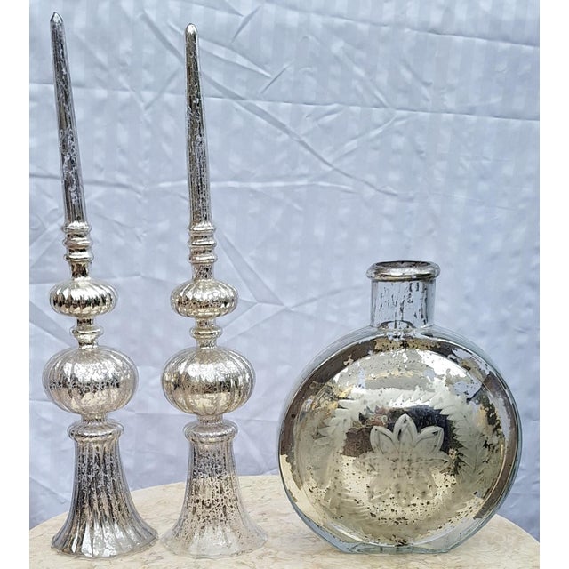 Vintage Mercury Glass Pottery Barn Vase and Finial Pair - Set of 3 ...