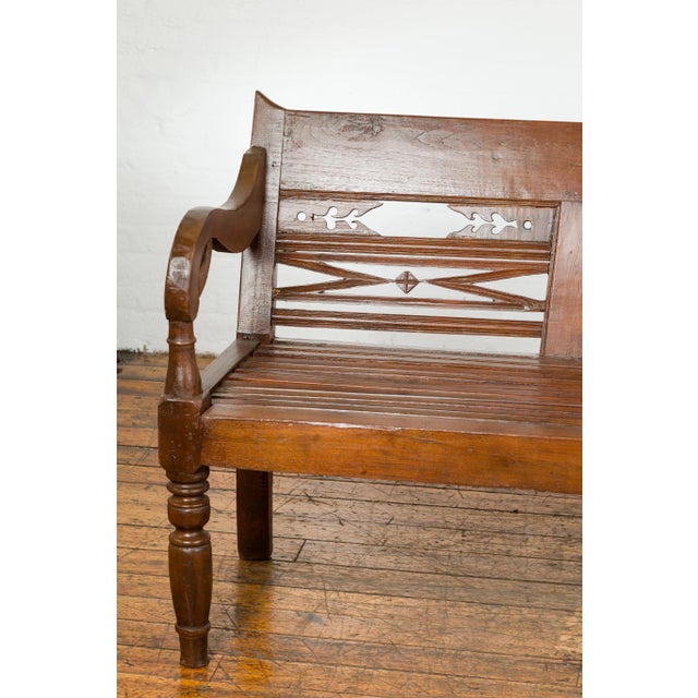 Dutch Colonial Bench with Carved Back, Scrolling Arms and Turned ...