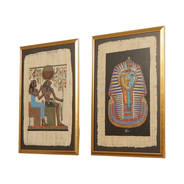 Vintage Egyptian Paintings on Papyrus, Custom Framed - A Pair | Chairish