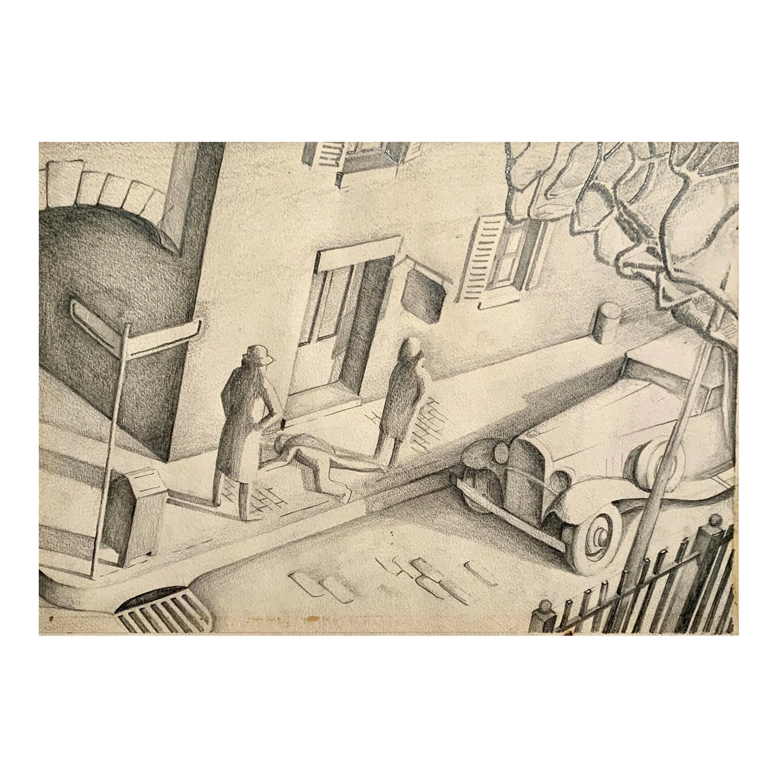 1940s Figurative Pencil Drawing "Crime Scene" | Chairish