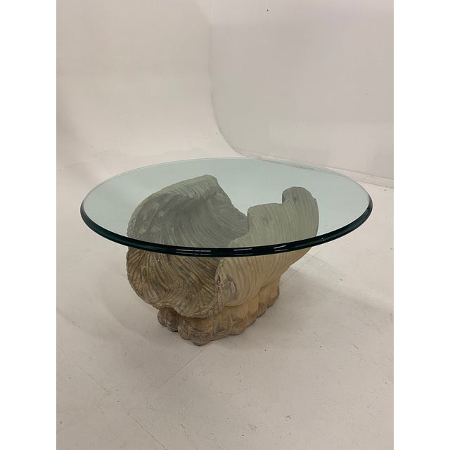 Italian Carved Wood Shell Base Coffee Table With Round Glass Top | Chairish