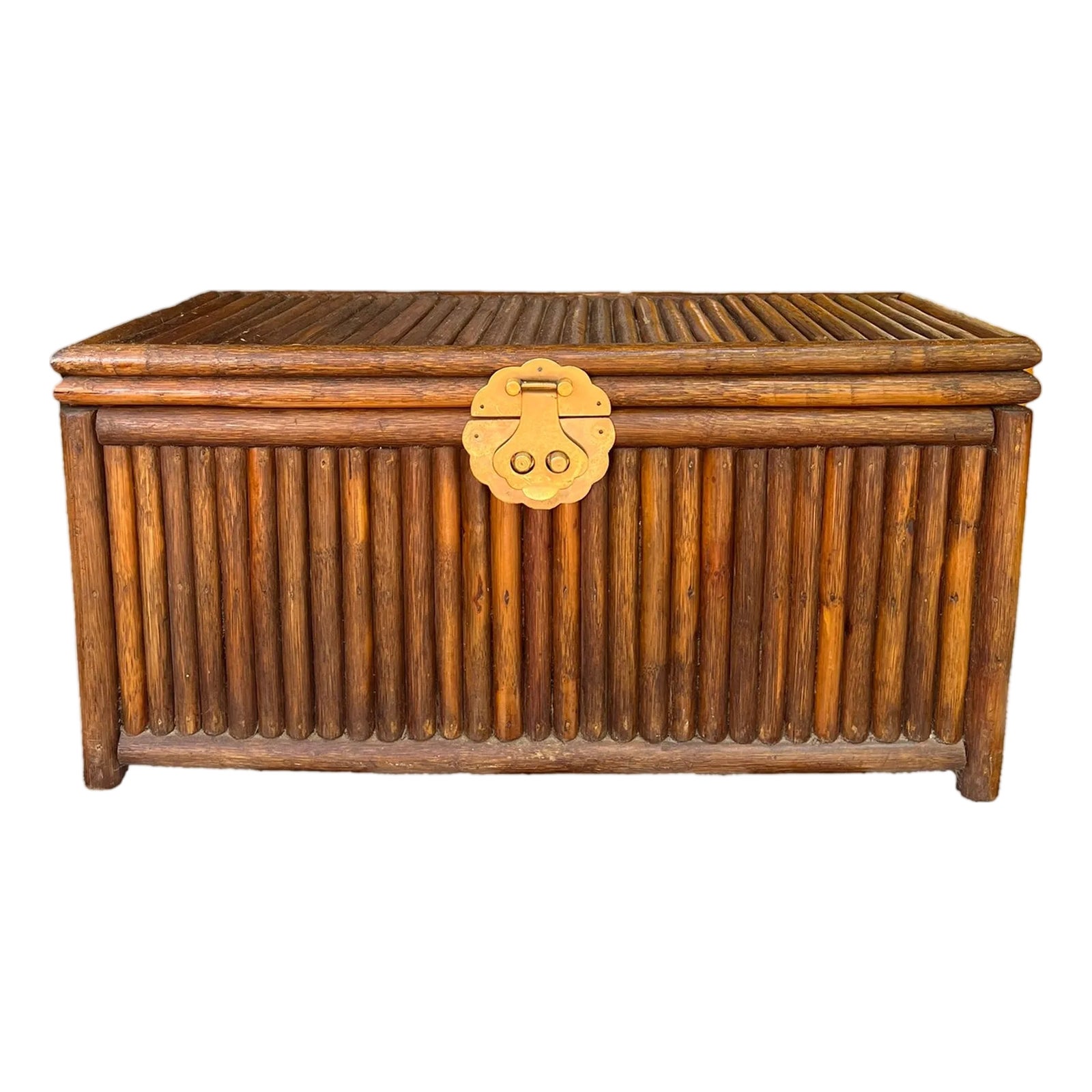 Vintage Bamboo Slat Storage Trunk With Brass Latch and Side Handles ...