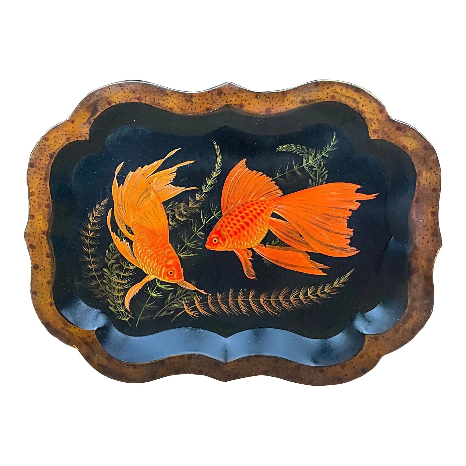 19th-C. English Tole Tray With Recent Faux Tortoise and Fish / Carp ...