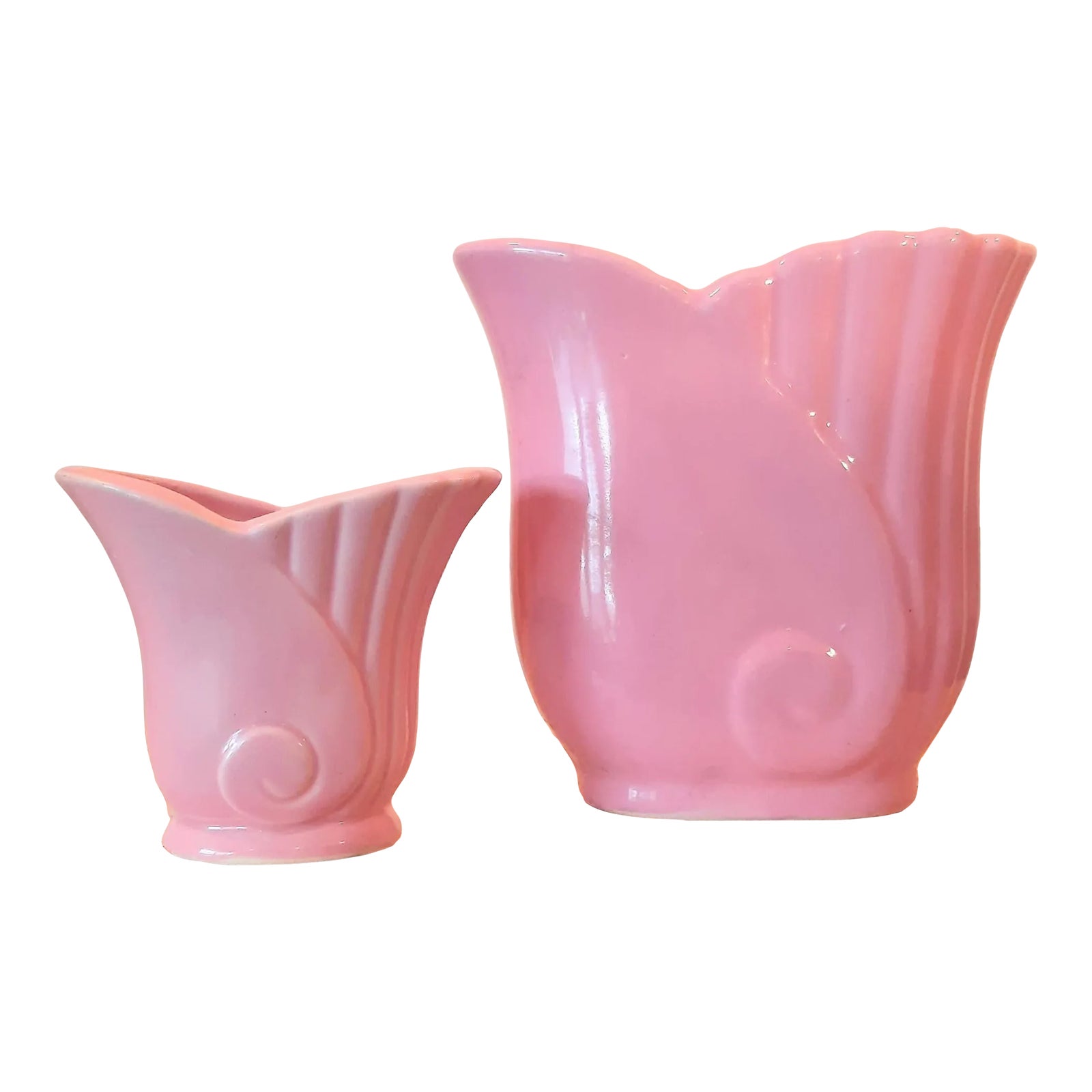 Vintage Pink Pottery Vase Deco Style Mid Century 2 Set | Chairish