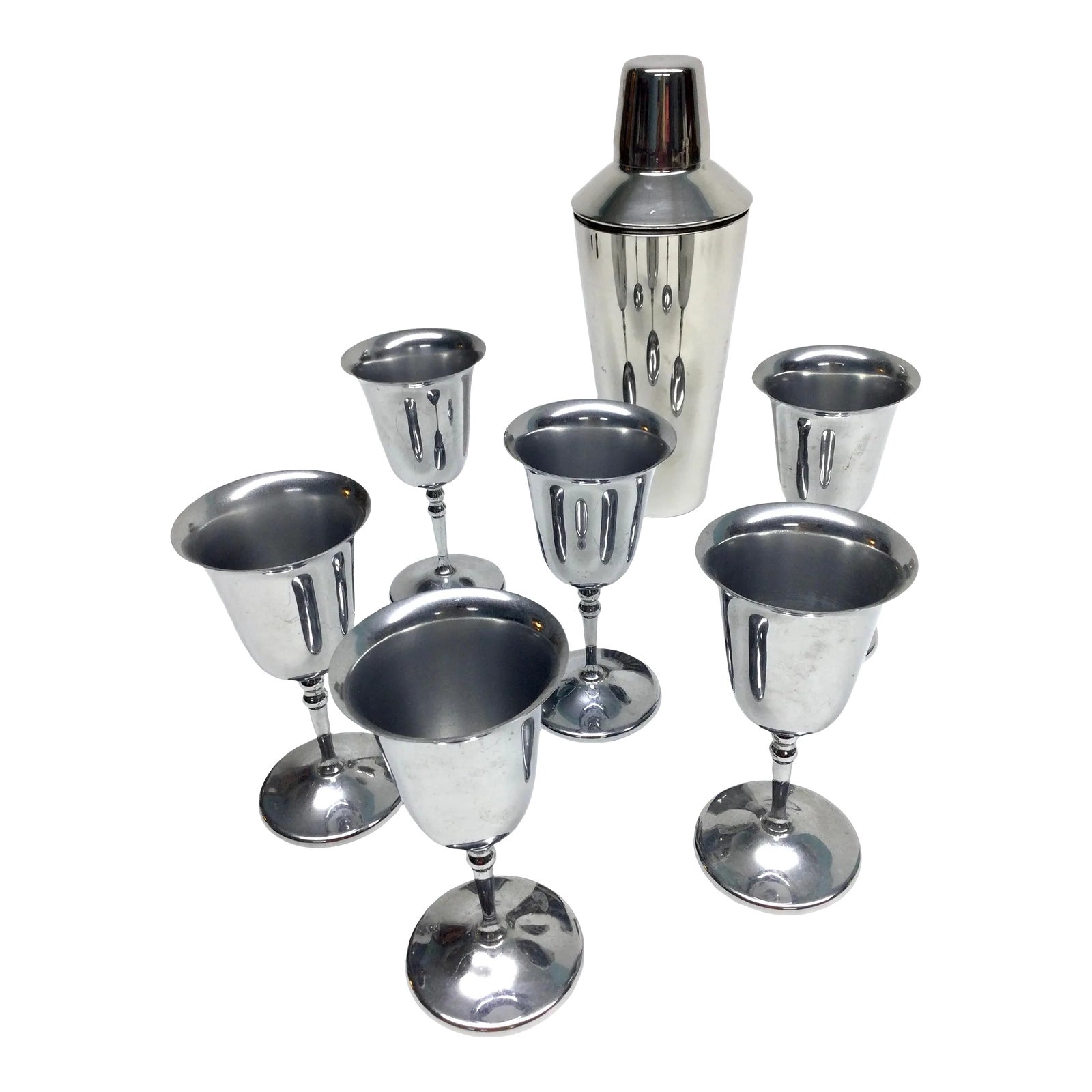 MCM Set Stainless Cocktail Shaker & Silverplate Cocktail Glasses Set of ...