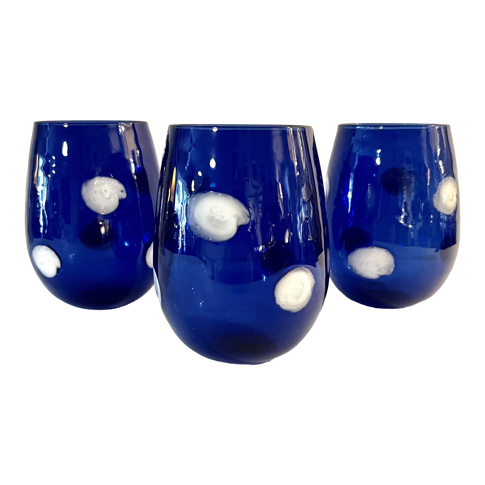 2000s Vertri Cobalt Blue Dot Stemless Wine Glasses - Set of 3 | Chairish