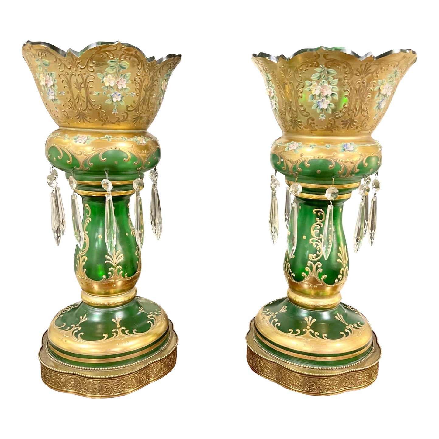 Czech Bohemian Green Glass Lustre Electric Lamp Pair, Circa 1930's ...