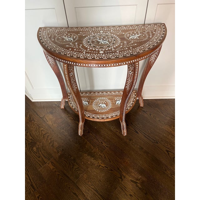 Vintage Indian Bone Hand Inlay Elephants Ornate Console Table Demi Lune ...