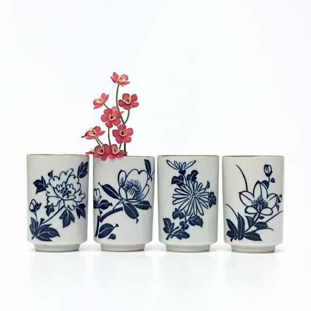 Ceramic Saké Cups With Blue Floral Motif by Asuko Japan - Set of 4 ...
