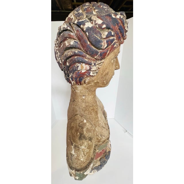 Antique Carved Wooden Polychrome Bust of Woman | Chairish