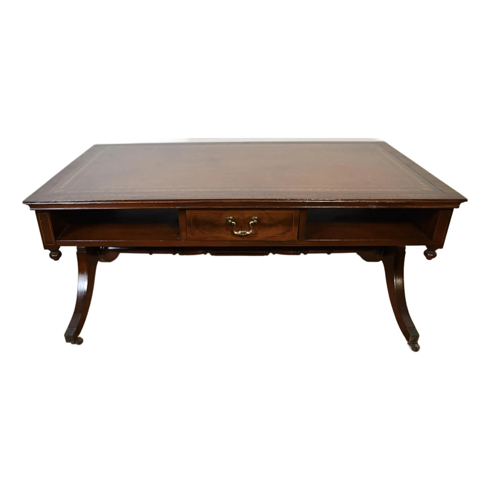 1930 Columbia Regency Style Mahogany & Leather Top Coffee Table | Chairish