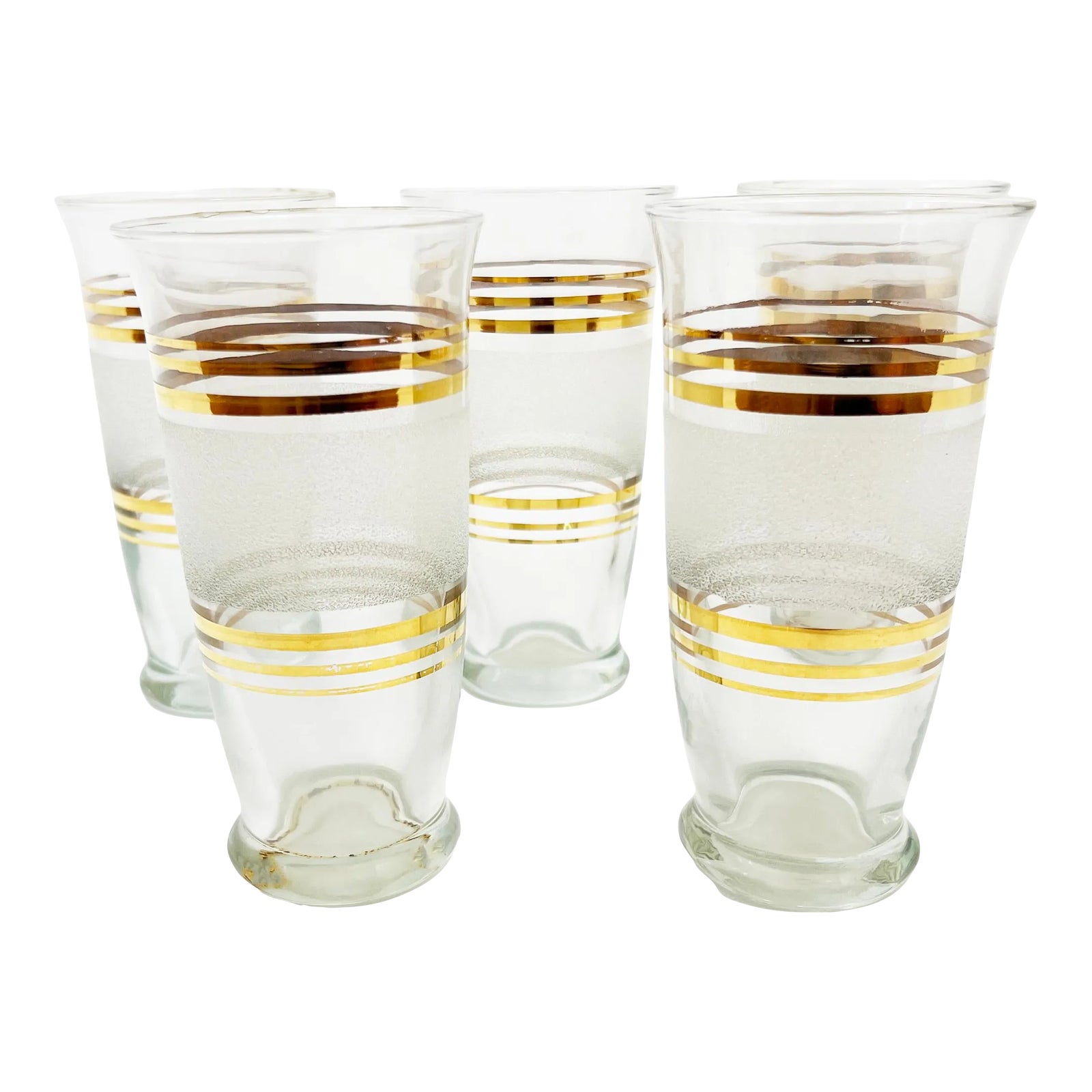 Mid Century Frosted Tumblers & Gold Stipe, Flared Rims Highball Glasses ...