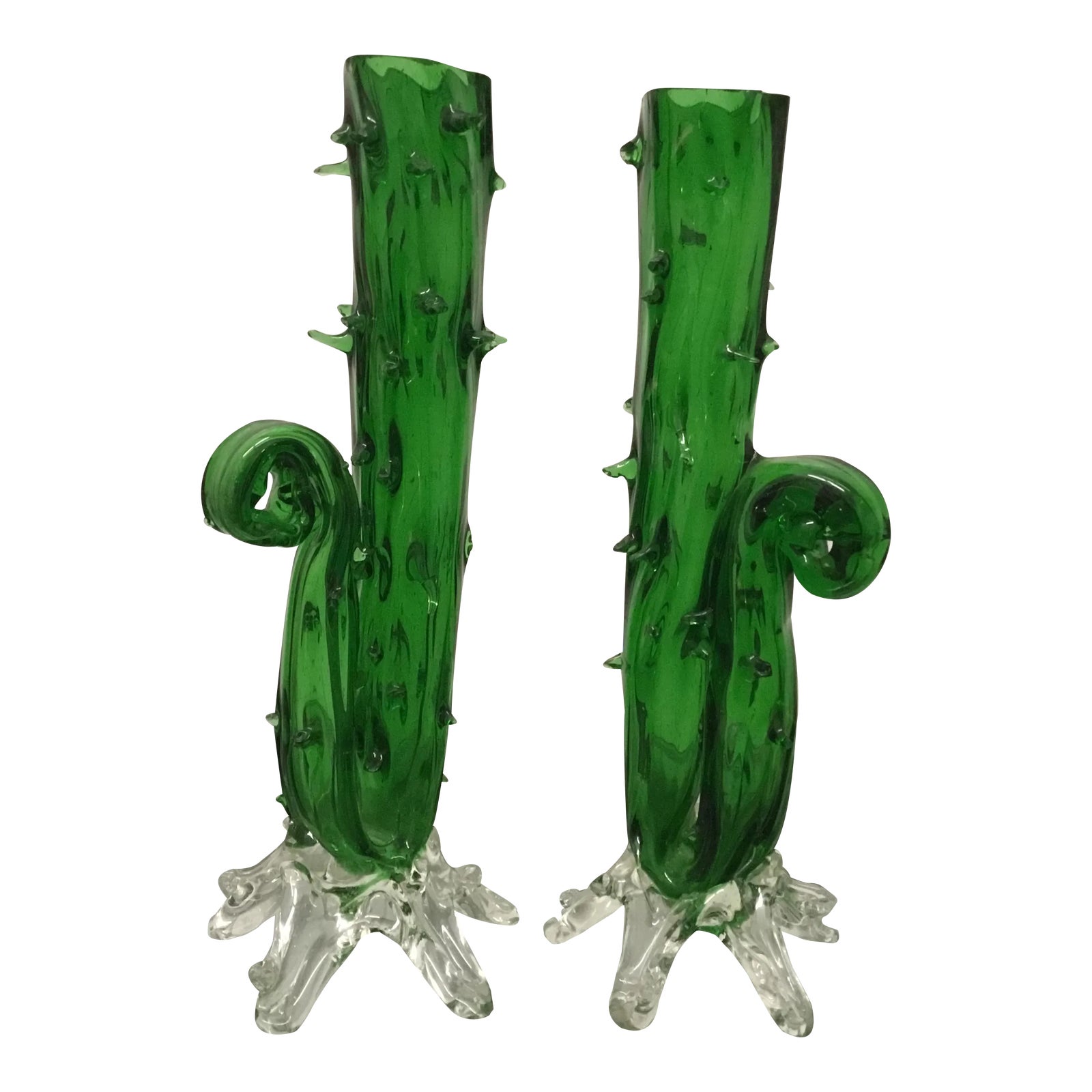 Loetz Green Glass & Crystal Thorn Vases - a Pair | Chairish