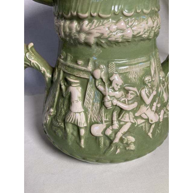 Vintage Green Raised Relief Pottery Ceramic Pitcher with Lid | Chairish