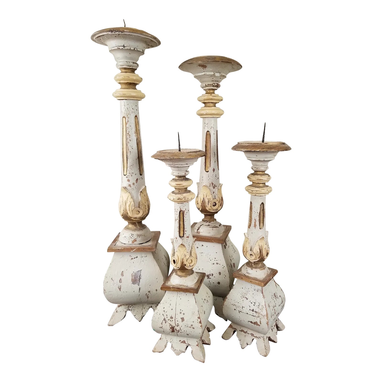 Mid 20th Century Vintage Set of 4 Tall Painted & Gilded Handmade Wood ...