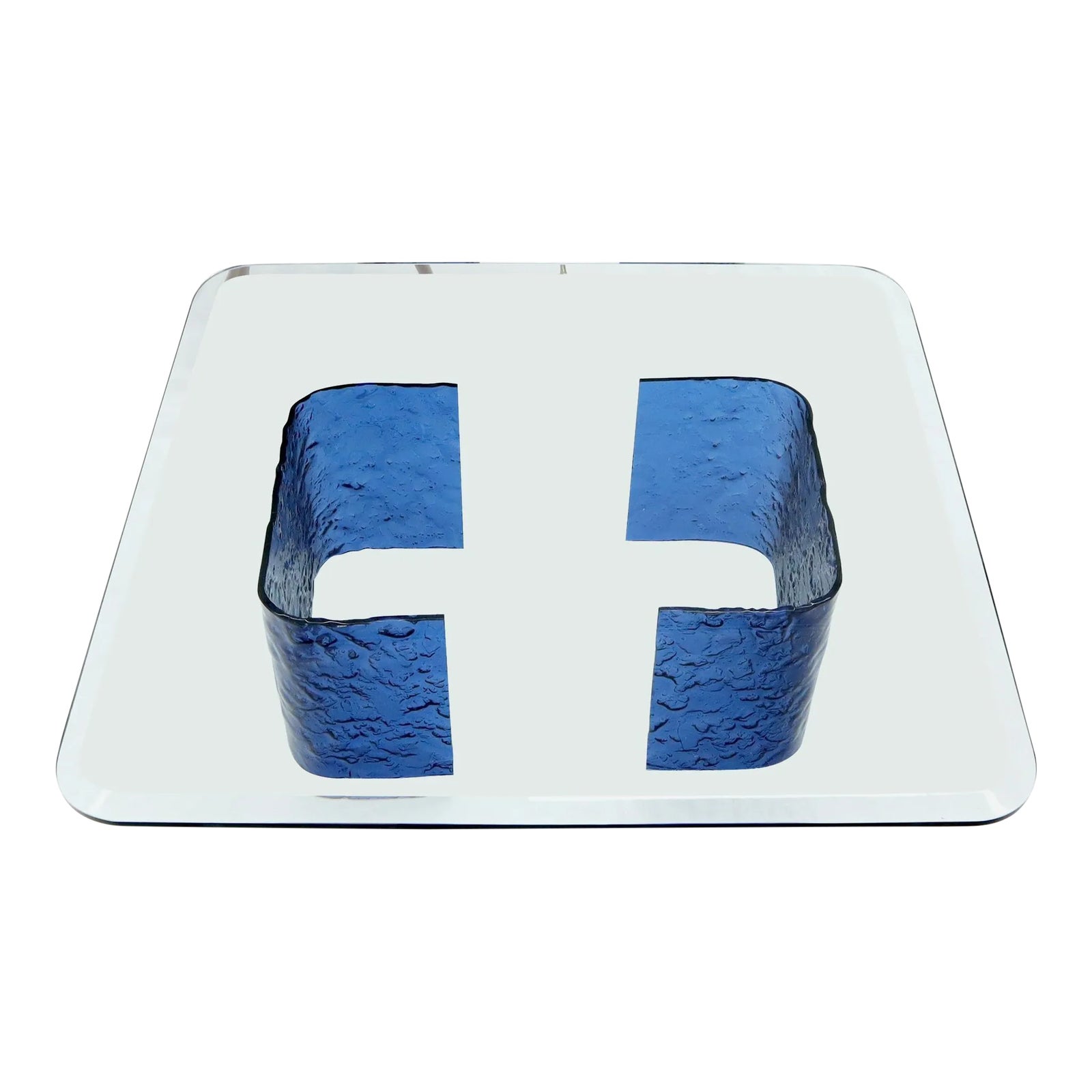 Large Blue Molten & Bent Glass C-Shape Base Glass Top Coffee Table ...