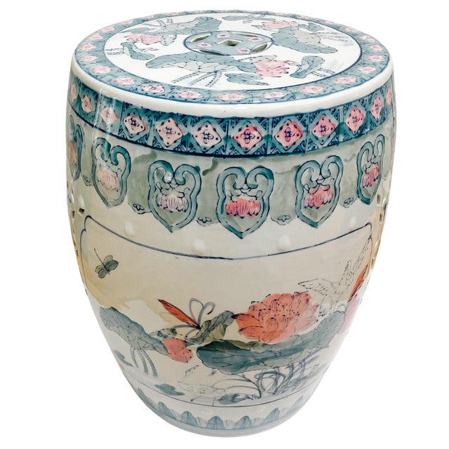 Chinese Ceramic Pink Lotus Garden Stool | Chairish