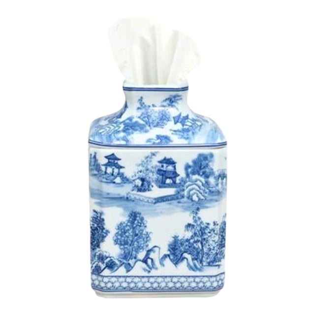 Blue and White Porcelain Chinoiserie Scene Tissue Box | Chairish
