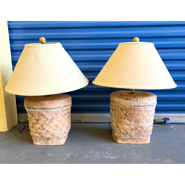 Vintage Coastal Cerused Woven Rattan Table Lamps With Shades - a Pair ...