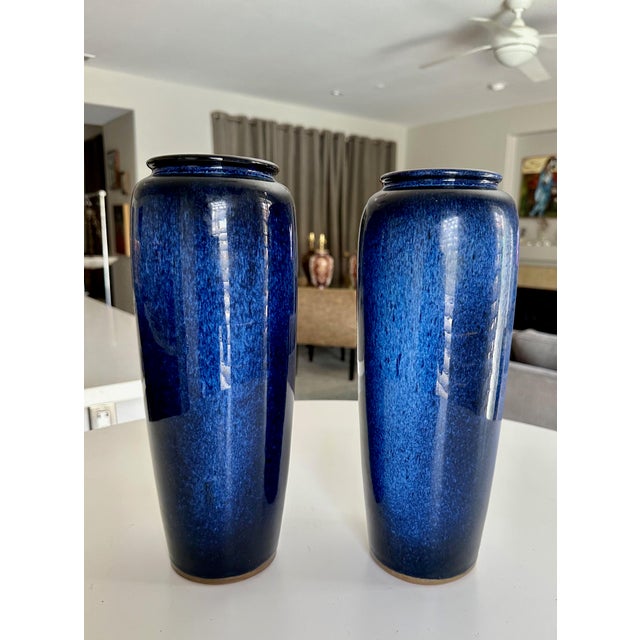Pair Japanese Cobalt Blue Flambe Mottled Pottery Vases | Chairish