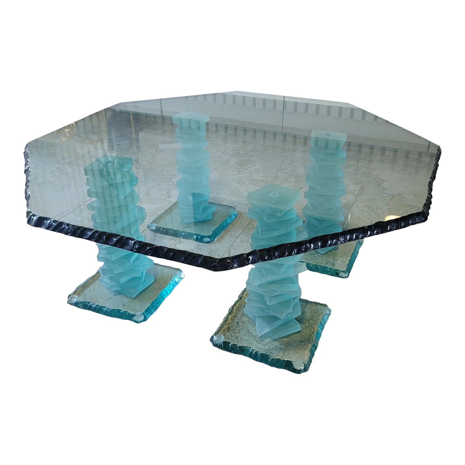 Late 20th Century Modern Frosted Teal Glass Table Stacked Sculptured ...